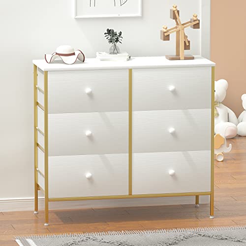 Visiblesser White Dresser for Bedroom, Fabric Dresser for Closet, 6 Drawer Dresser with Metal Frame, Chest of Drawers for Living Room, Hallway, Nursery