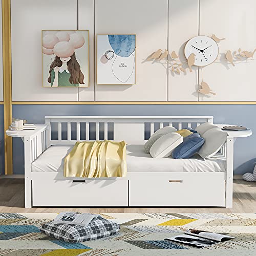 Aprilsoul Full Size Daybed with Two Drawers, Wood Slat Support, for Bedroom, Living Room, Guest Room, Children Room, Dormitory, Wooden Construction, Easy to Assemble, White