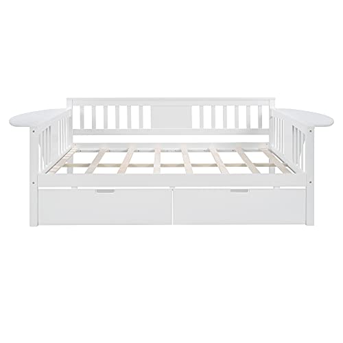 Aprilsoul Full Size Daybed with Two Drawers, Wood Slat Support, for Bedroom, Living Room, Guest Room, Children Room, Dormitory, Wooden Construction, Easy to Assemble, White