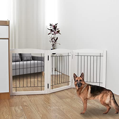 ZJSF Freestanding Foldable Dog Gate for House Extra Wide Wooden White Indoor Puppy Gate Stairs Dog Gates Doorways Pet Gate Tall Dog Fence 3 Panels Fence 60‘’W x 24''H