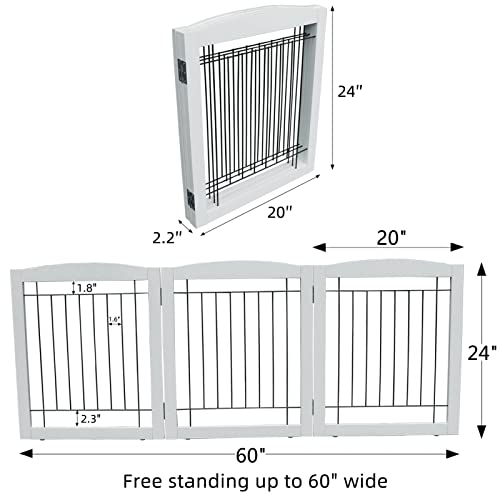 ZJSF Freestanding Foldable Dog Gate for House Extra Wide Wooden White Indoor Puppy Gate Stairs Dog Gates Doorways Pet Gate Tall Dog Fence 3 Panels Fence 60‘’W x 24''H