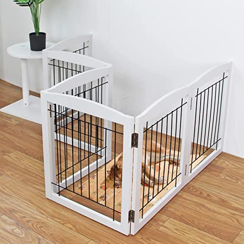 ZJSF Freestanding Foldable Dog Gate for House Extra Wide Wooden White Indoor Puppy Gate Stairs Dog Gates Doorways Pet Gate Tall Dog Fence 3 Panels Fence 60‘’W x 24''H