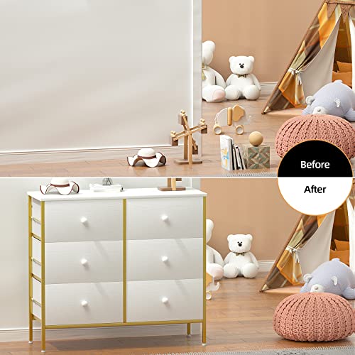 Visionwards White Dresser for Bedroom, Baby Dresser for Kids Bedroom, 6 Drawer Storage Chest,Fabric Storage Tower for Nursery Hallway Office, Wooden Top, White