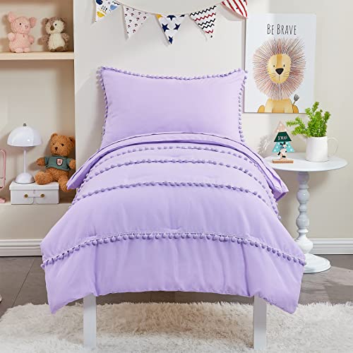 SUCHDECO Lavender Toddler Bedding Set Toddler Comforter Set for Girls Baby Crib Bedding Set with 6 Pom Poms Fringes - 4 Pieces: Comforter, Fitted Sheet, Flat Sheet, Pillowcase