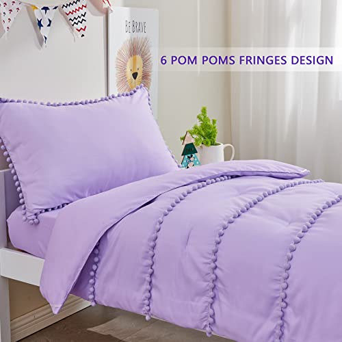 SUCHDECO Lavender Toddler Bedding Set Toddler Comforter Set for Girls Baby Crib Bedding Set with 6 Pom Poms Fringes - 4 Pieces: Comforter, Fitted Sheet, Flat Sheet, Pillowcase