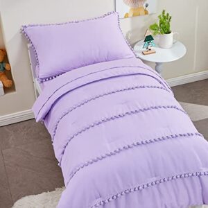 SUCHDECO Lavender Toddler Bedding Set Toddler Comforter Set for Girls Baby Crib Bedding Set with 6 Pom Poms Fringes - 4 Pieces: Comforter, Fitted Sheet, Flat Sheet, Pillowcase