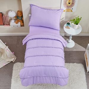 SUCHDECO Lavender Toddler Bedding Set Toddler Comforter Set for Girls Baby Crib Bedding Set with 6 Pom Poms Fringes - 4 Pieces: Comforter, Fitted Sheet, Flat Sheet, Pillowcase