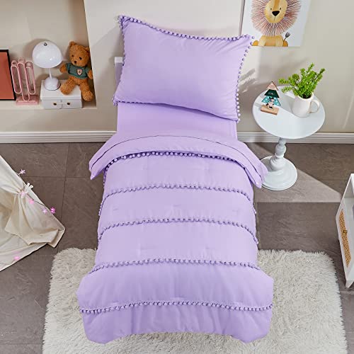 SUCHDECO Lavender Toddler Bedding Set Toddler Comforter Set for Girls Baby Crib Bedding Set with 6 Pom Poms Fringes - 4 Pieces: Comforter, Fitted Sheet, Flat Sheet, Pillowcase