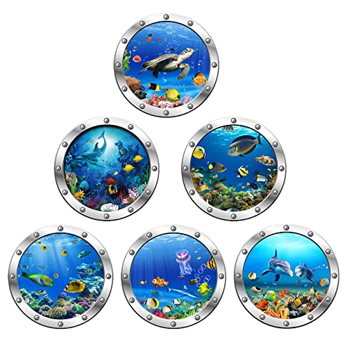 6Pcs Ocean World Wall Stickers, 12” Removable Art Decals for Kids, 3D Wall Decals Peel and Stick Vinyl Stickers for Bathroom and Bedroom, Furniture, Home Decor