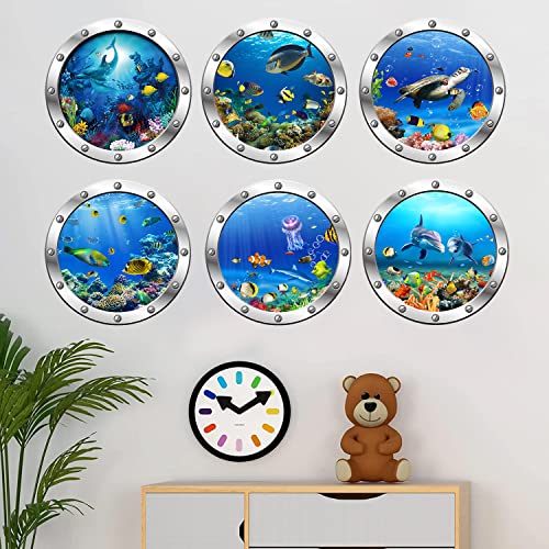 6Pcs Ocean World Wall Stickers, 12” Removable Art Decals for Kids, 3D Wall Decals Peel and Stick Vinyl Stickers for Bathroom and Bedroom, Furniture, Home Decor