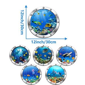 6Pcs Ocean World Wall Stickers, 12” Removable Art Decals for Kids, 3D Wall Decals Peel and Stick Vinyl Stickers for Bathroom and Bedroom, Furniture, Home Decor