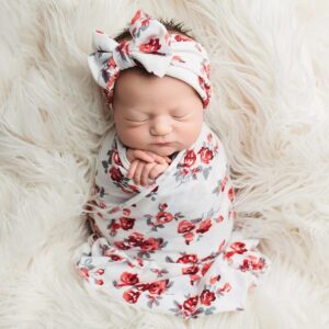 uderui newborn swaddle blanket, baby receiving blanket wrap with headband for 0-3 month baby girl and boy, one size (red floral)