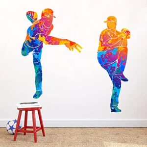 woyinis colorful baseball player wall decals sport theme baseball wall stickers peel & stick colors splash wall art decor for boys teens room kids bedroom playroom wall decoration