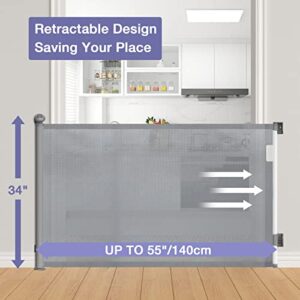 Retractable Baby Gates Extra Wide Grey, PRObebi Retractable Dog Gate Extends to 55" Wide 34" Tall, Dog Gates for The House, Mesh Baby Gate for Staris, Hallways, Doorways, Outdoor & Indoor (Grey)