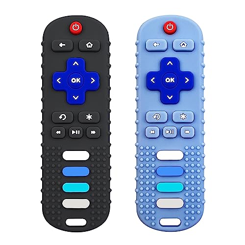 ERSIHUA 2-Pack Silicone Baby Teething Toys, TV Remote Teethers for 6-12-18 Months Infant, Fire Remote Shape Toddlers Silicone Teethers for Boys and Girls Sensory Toy(Black+Blue)