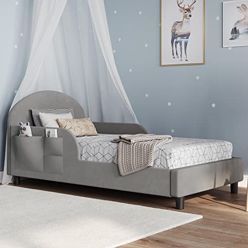 Little Seeds Oliver Upholstered Toddler Bed with Storage Pockets, Gray