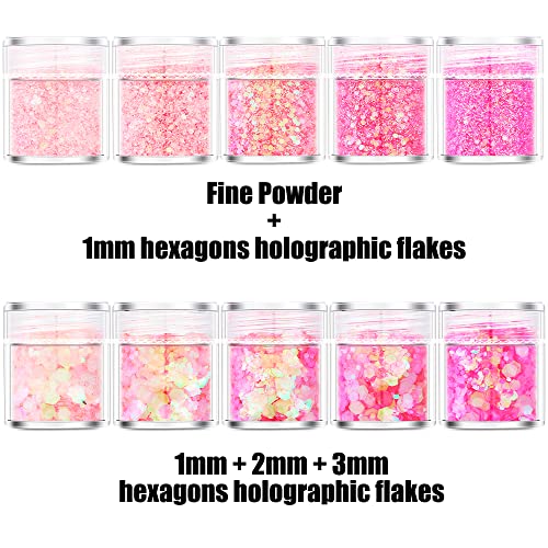 𝐆𝐀𝐁𝐎𝐗 10 Jars Sakura Pink Cosmetic Chunky Glitter Set, Holographic Nail Glitter Resin Glitter Fine Powder+1mm+2mm+3mm Sequins Flakes, Iridescent Art Glitter Set for Body Face Eyes Hair Crafts