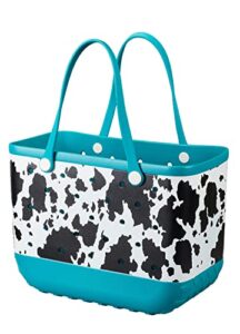 qkstan beach bag rubber tote bag - waterproof travel bags for men women washable tote bag handbag for sports beach market pool (cow, large)