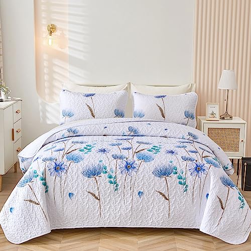 Dinjoy 3 Pieces Blue Floral Queen Quilt Set Purple Floral Coverlet Sets Lightweight Flower Boho Bedspread Quilt Microfiber Summer Quilt with 2 Pillowcases for Adult Women (Queen,90×90 Inches)