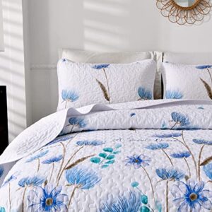 Dinjoy 3 Pieces Blue Floral Queen Quilt Set Purple Floral Coverlet Sets Lightweight Flower Boho Bedspread Quilt Microfiber Summer Quilt with 2 Pillowcases for Adult Women (Queen,90×90 Inches)