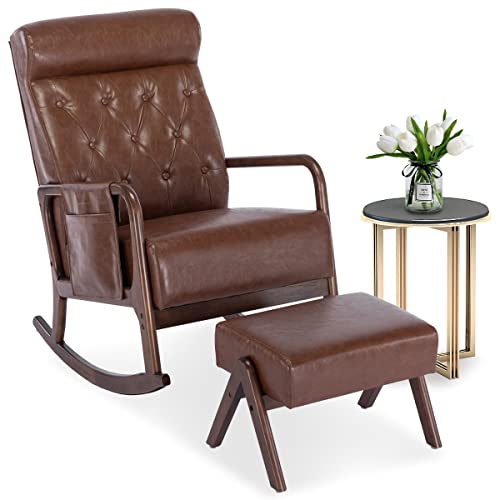 GEEVIVO Rocking Chair Nursery, Glider Rocker with Ottoman High Backrest Recliner Chair Upholstered Fabric Lounge Chairs for Baby and Mom Modern Rocking Armchair Indoor for Living Room Bedroom(Brown)