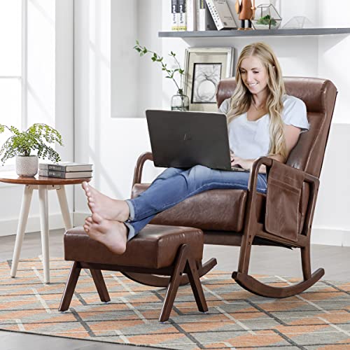 GEEVIVO Rocking Chair Nursery, Glider Rocker with Ottoman High Backrest Recliner Chair Upholstered Fabric Lounge Chairs for Baby and Mom Modern Rocking Armchair Indoor for Living Room Bedroom(Brown)