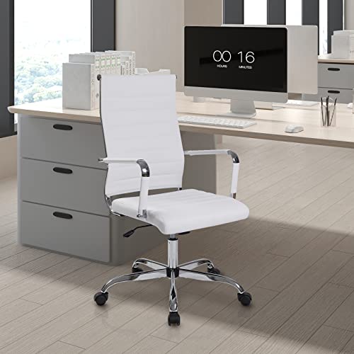 Office Task Chair, Beatmart INC Ergonomic Desk Chair Leather Conference Room Chairs Height Adustable | Ribbed High Back | Swivel Rolling Executive Chair White