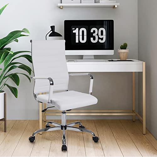 Office Task Chair, Beatmart INC Ergonomic Desk Chair Leather Conference Room Chairs Height Adustable | Ribbed High Back | Swivel Rolling Executive Chair White