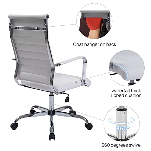 Office Task Chair, Beatmart INC Ergonomic Desk Chair Leather Conference Room Chairs Height Adustable | Ribbed High Back | Swivel Rolling Executive Chair White