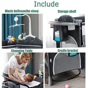 MMBABY 5-in-1 Pack and Play Portable Crib for Baby,Multifunction Bedside Crib from Newborn to Toddlers,U-Shaped Diaper Changer,Playard,Safety Strap,Carry Bag,Hanging Toys (Black)