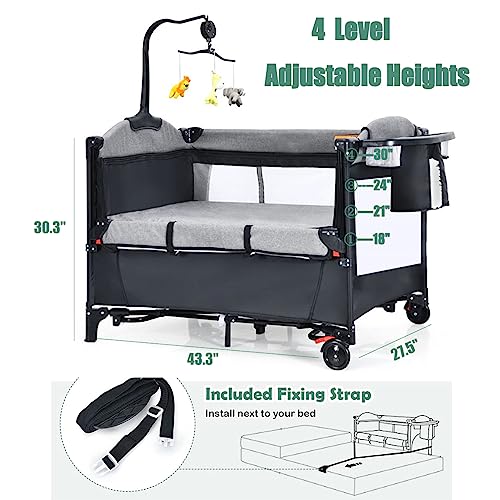 MMBABY 5-in-1 Pack and Play Portable Crib for Baby,Multifunction Bedside Crib from Newborn to Toddlers,U-Shaped Diaper Changer,Playard,Safety Strap,Carry Bag,Hanging Toys (Black)