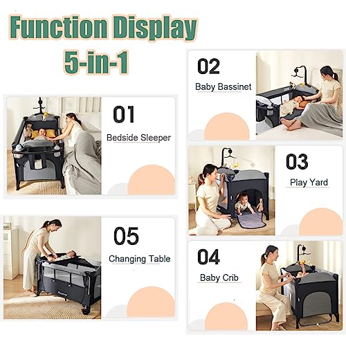 MMBABY 5-in-1 Pack and Play Portable Crib for Baby,Multifunction Bedside Crib from Newborn to Toddlers,U-Shaped Diaper Changer,Playard,Safety Strap,Carry Bag,Hanging Toys (Black)