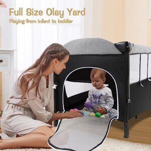 MMBABY 5-in-1 Pack and Play Portable Crib for Baby,Multifunction Bedside Crib from Newborn to Toddlers,U-Shaped Diaper Changer,Playard,Safety Strap,Carry Bag,Hanging Toys (Black)