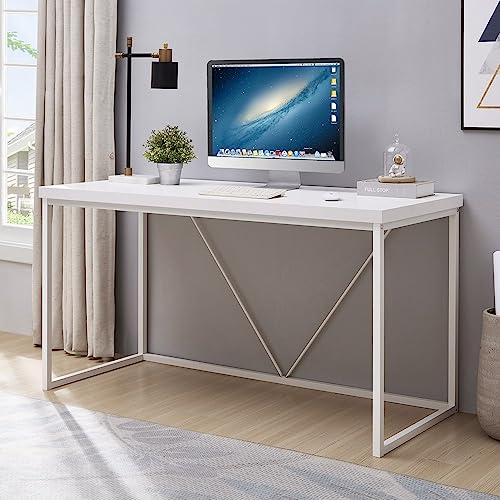 EXCEFUR Home Office Desk, Metal and Wood Computer Desk, Modern Rustic Work Study Writing Table for Living Room Bedroom, White Oak, 55 inch