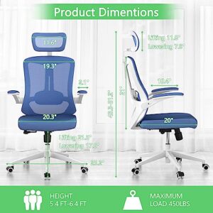 balmstar Ergonomic Office Chair, Home Office Desk Chair with Adjustable Headrest & Lumbar Support, Swivel High Back Computer Chair, Breathable Mesh Desk Chair, PU Silent Wheels, Flip-Up Arms (Blue)