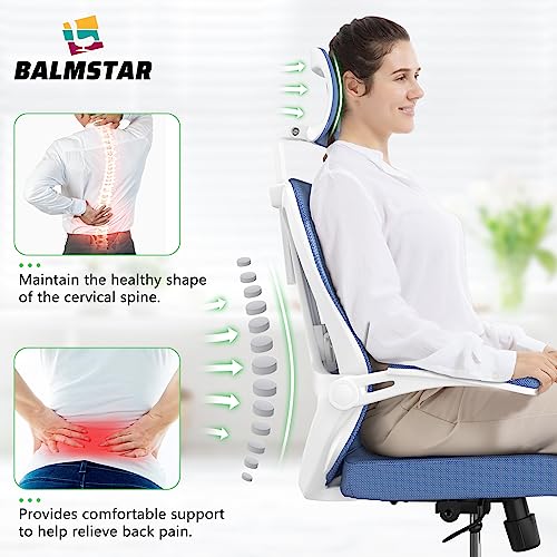 balmstar Ergonomic Office Chair, Home Office Desk Chair with Adjustable Headrest & Lumbar Support, Swivel High Back Computer Chair, Breathable Mesh Desk Chair, PU Silent Wheels, Flip-Up Arms (Blue)