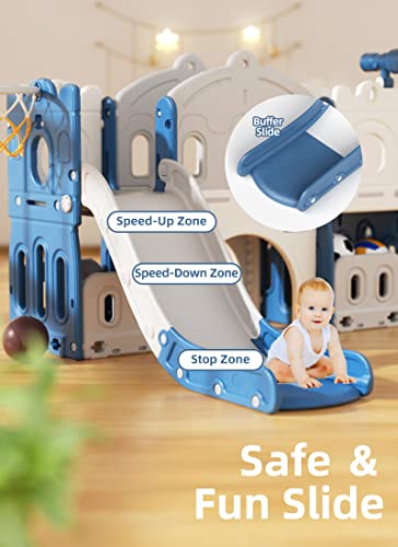 XJD 7 in 1 Toddler Slide Set, Kids Slide for Toddlers Age 1+, Toddler Climber Slide PlaySet with Basketball Hoop and Ball,Outdoor Indoor Playground for Toddlers 1-3 (Blue)