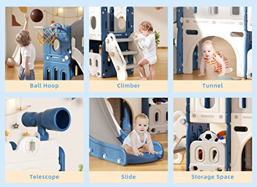 XJD 7 in 1 Toddler Slide Set, Kids Slide for Toddlers Age 1+, Toddler Climber Slide PlaySet with Basketball Hoop and Ball,Outdoor Indoor Playground for Toddlers 1-3 (Blue)