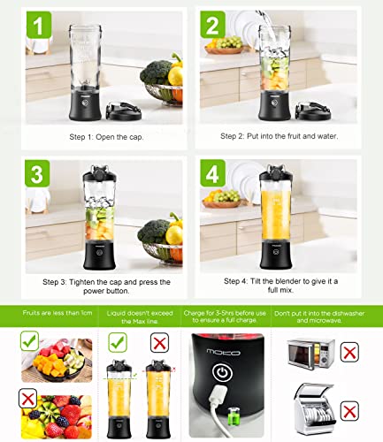 ＭoKo Portable Blender, 270 Watt Personal Blender for Shakes and Smoothies,21OZ Personal Blender USB Rechargeable with 6 Blades, BRA Free, Smoothie Blender for Kitchen Sports Travel and Outdoors,Black