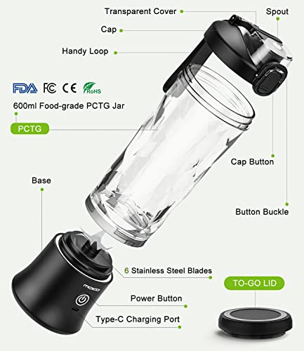 ＭoKo Portable Blender, 270 Watt Personal Blender for Shakes and Smoothies,21OZ Personal Blender USB Rechargeable with 6 Blades, BRA Free, Smoothie Blender for Kitchen Sports Travel and Outdoors,Black