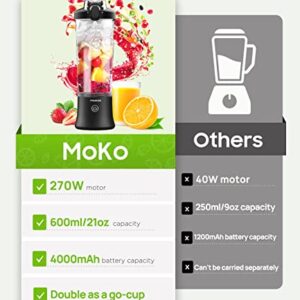 ＭoKo Portable Blender, 270 Watt Personal Blender for Shakes and Smoothies,21OZ Personal Blender USB Rechargeable with 6 Blades, BRA Free, Smoothie Blender for Kitchen Sports Travel and Outdoors,Black