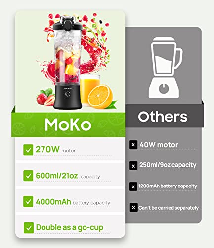 ＭoKo Portable Blender, 270 Watt Personal Blender for Shakes and Smoothies,21OZ Personal Blender USB Rechargeable with 6 Blades, BRA Free, Smoothie Blender for Kitchen Sports Travel and Outdoors,Black