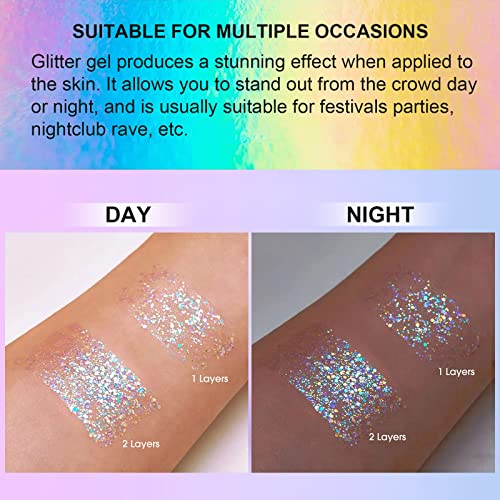 Holographic Body Glitter Gel, Ultra Fine Glitter Gel for Face, Hair, Body, Nail, Eyeshadow, Long Lasting Waterproof Laser Glitter Gel Festival Party Rave Accessories for Women, 1.35 oz (#1 White)