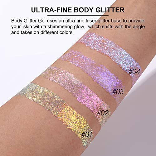 Holographic Body Glitter Gel, Ultra Fine Glitter Gel for Face, Hair, Body, Nail, Eyeshadow, Long Lasting Waterproof Laser Glitter Gel Festival Party Rave Accessories for Women, 1.35 oz (#1 White)