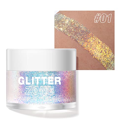 Holographic Body Glitter Gel, Ultra Fine Glitter Gel for Face, Hair, Body, Nail, Eyeshadow, Long Lasting Waterproof Laser Glitter Gel Festival Party Rave Accessories for Women, 1.35 oz (#1 White)