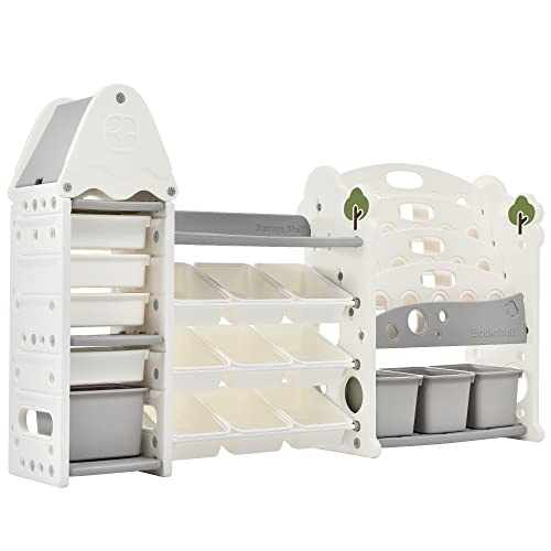 Veemuaro Toy Storage Organizer, Kids Bookcases and Children's Toy Organizer Rack, Kids Toy Box Chest with 17 Storage Bins and 4 Tier Bookshelf for Kids Room, Classroom and Nursery (All-in-One, Gray)