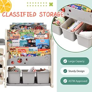 Veemuaro Toy Storage Organizer, Kids Bookcases and Children's Toy Organizer Rack, Kids Toy Box Chest with 17 Storage Bins and 4 Tier Bookshelf for Kids Room, Classroom and Nursery (All-in-One, Gray)