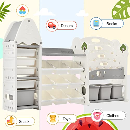 Veemuaro Toy Storage Organizer, Kids Bookcases and Children's Toy Organizer Rack, Kids Toy Box Chest with 17 Storage Bins and 4 Tier Bookshelf for Kids Room, Classroom and Nursery (All-in-One, Gray)