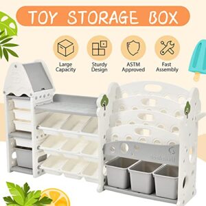 Veemuaro Toy Storage Organizer, Kids Bookcases and Children's Toy Organizer Rack, Kids Toy Box Chest with 17 Storage Bins and 4 Tier Bookshelf for Kids Room, Classroom and Nursery (All-in-One, Gray)