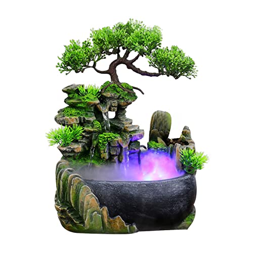 11inch Artificial Desktop Waterfall Bonsai Mini Rock Fountain, with LED Lights & Atomizer,for Indoor Relaxation Desktop Décoration Green